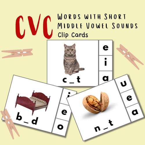 CVC Words with Short Middle Vowel Sounds Clip Cards | Teacher Weena