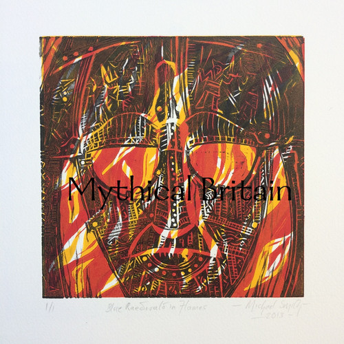 Sutton Hoo helmet of Raedwald - Original Linocut Print | mythical-britain