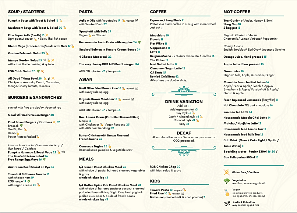RGB Cafe | Menu | meat, vegan, vegeterian, kids, drinks