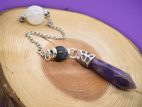 Amethyst Pendulum with a Larvikite Bead and a Rainbow Moonstone Top Bead | Yourlifecore