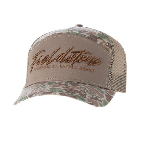 7 Panel Script Logo Camo Hat (RH-103) | FIELDSTONE