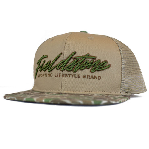 6 Panel Script Logo Camo Bill Hat (RH-155) | FIELDSTONE