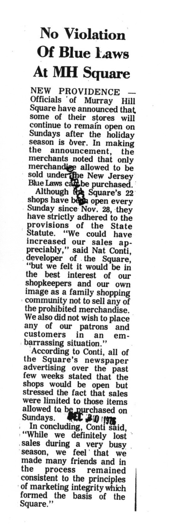 No Violations Of Blue Laws At MH Square