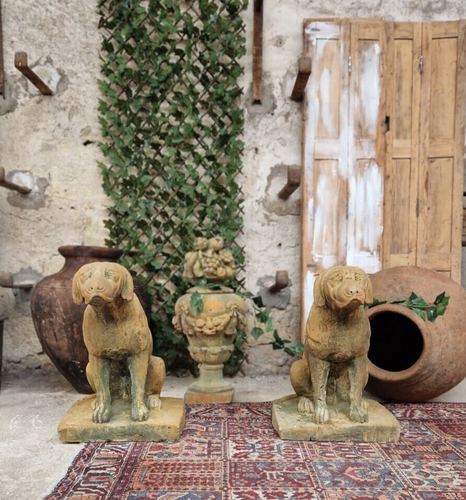 Pair of Mid Century Coloured Composite Stone Dogs & Urn | Rocaille