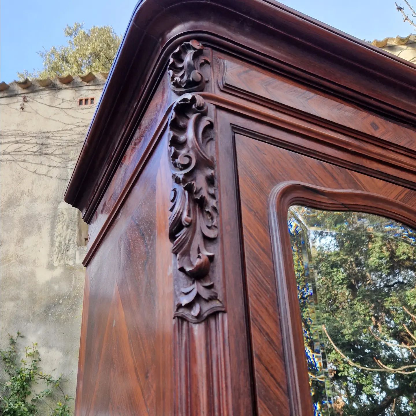 Antique French Rococo Armoire Carved Wood Triple Door | Rocaille