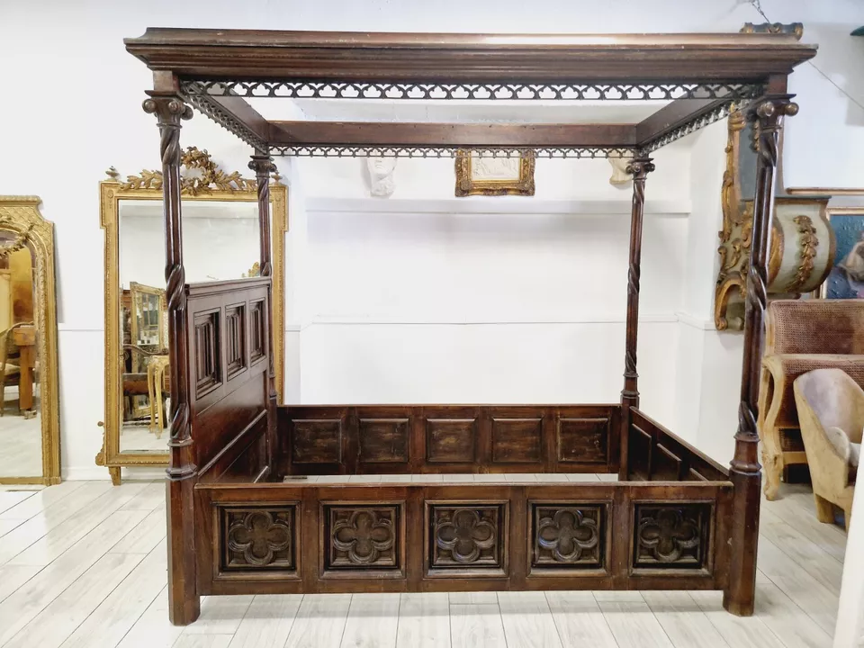 Antique Italian Four Poster Canopy Bed Sicilian Wood | Rocaille