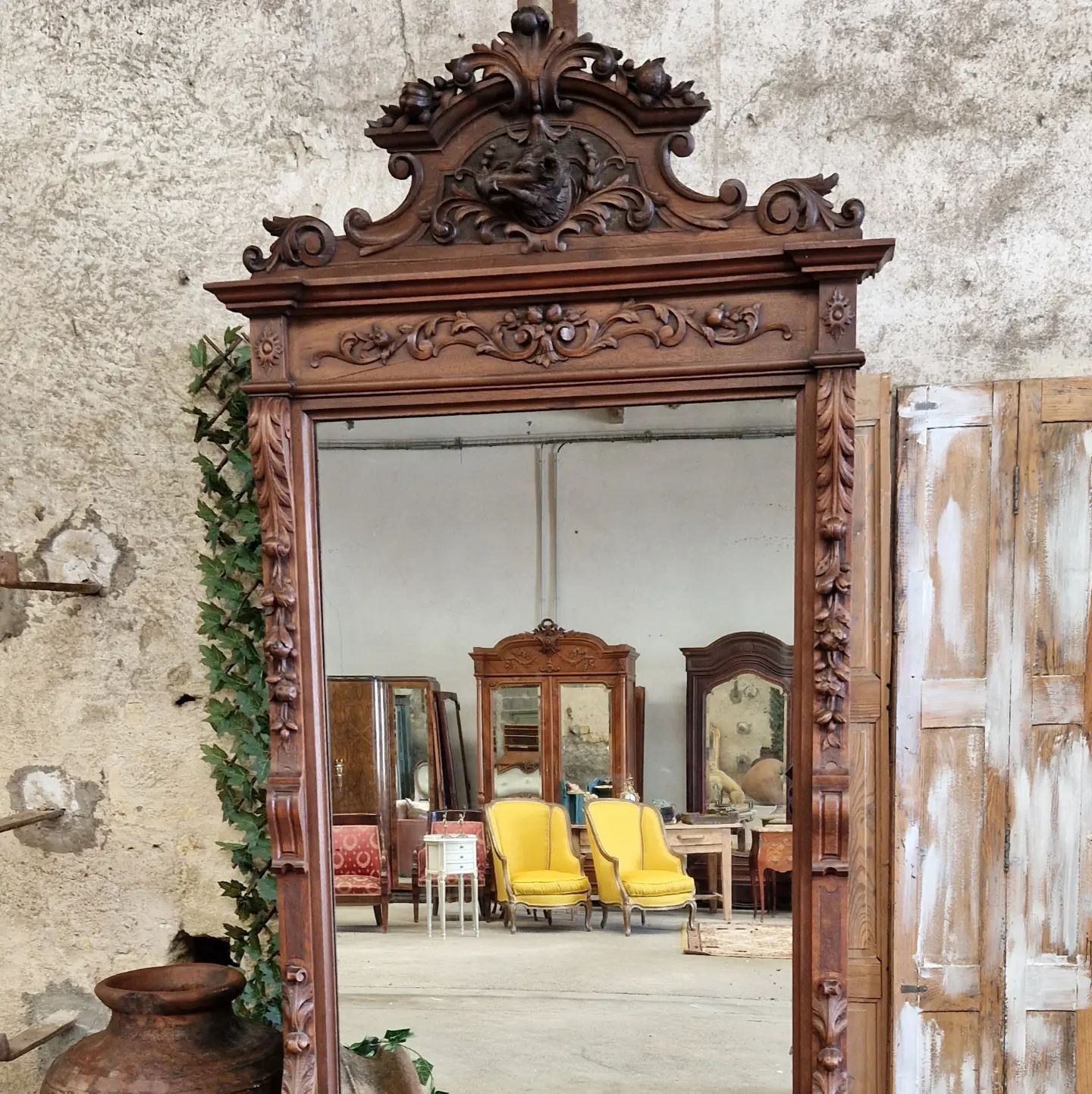 Antique Gothic Hunting Lodge Large Carved Walnut Mirror | Rocaille