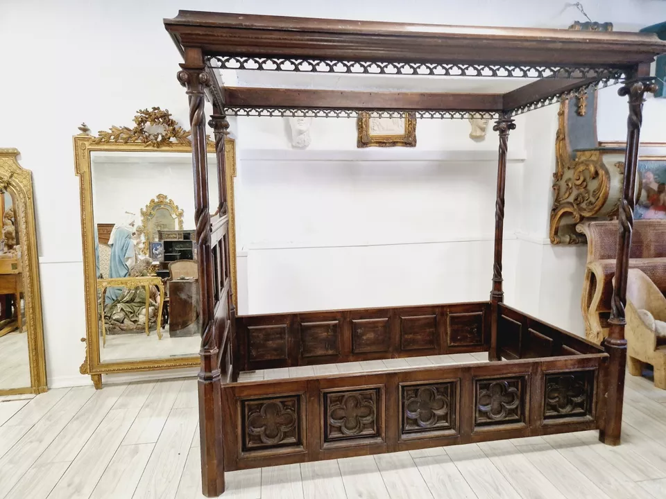 Antique Italian Four Poster Canopy Bed Sicilian Wood | Rocaille