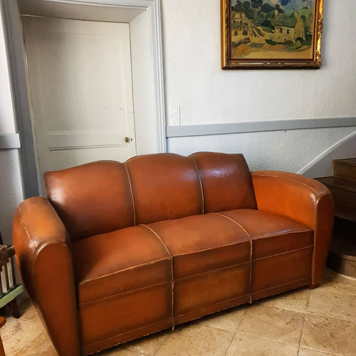 Art Deco Tan Leather Sofa | Rocaille