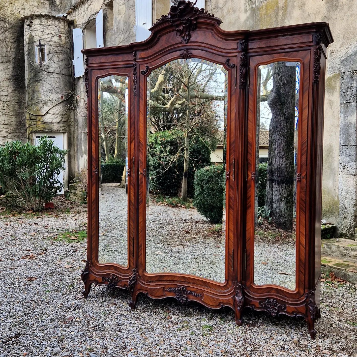 Antique French Rococo Armoire Carved Wood Triple Door | Rocaille
