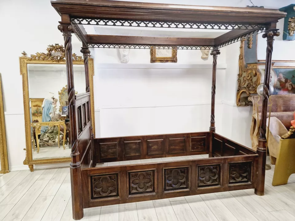 Antique Italian Four Poster Canopy Bed Sicilian Wood | Rocaille