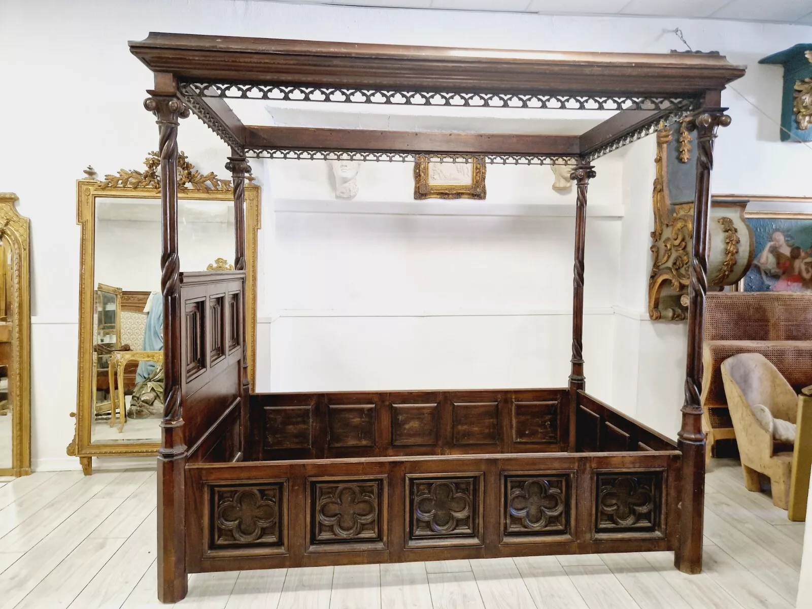 Antique Italian Four Poster Canopy Bed Sicilian Wood | Rocaille