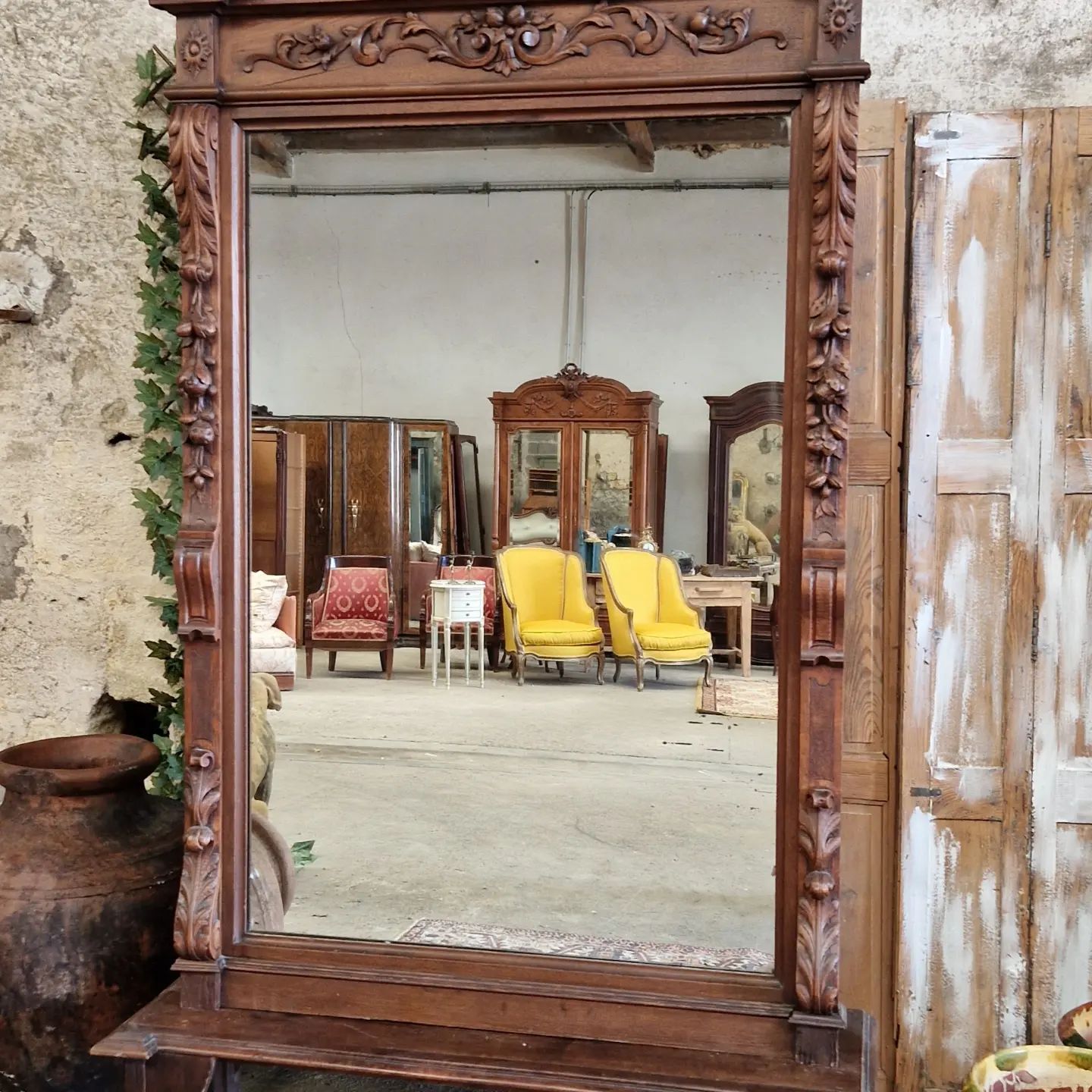 Antique Gothic Hunting Lodge Large Carved Walnut Mirror | Rocaille