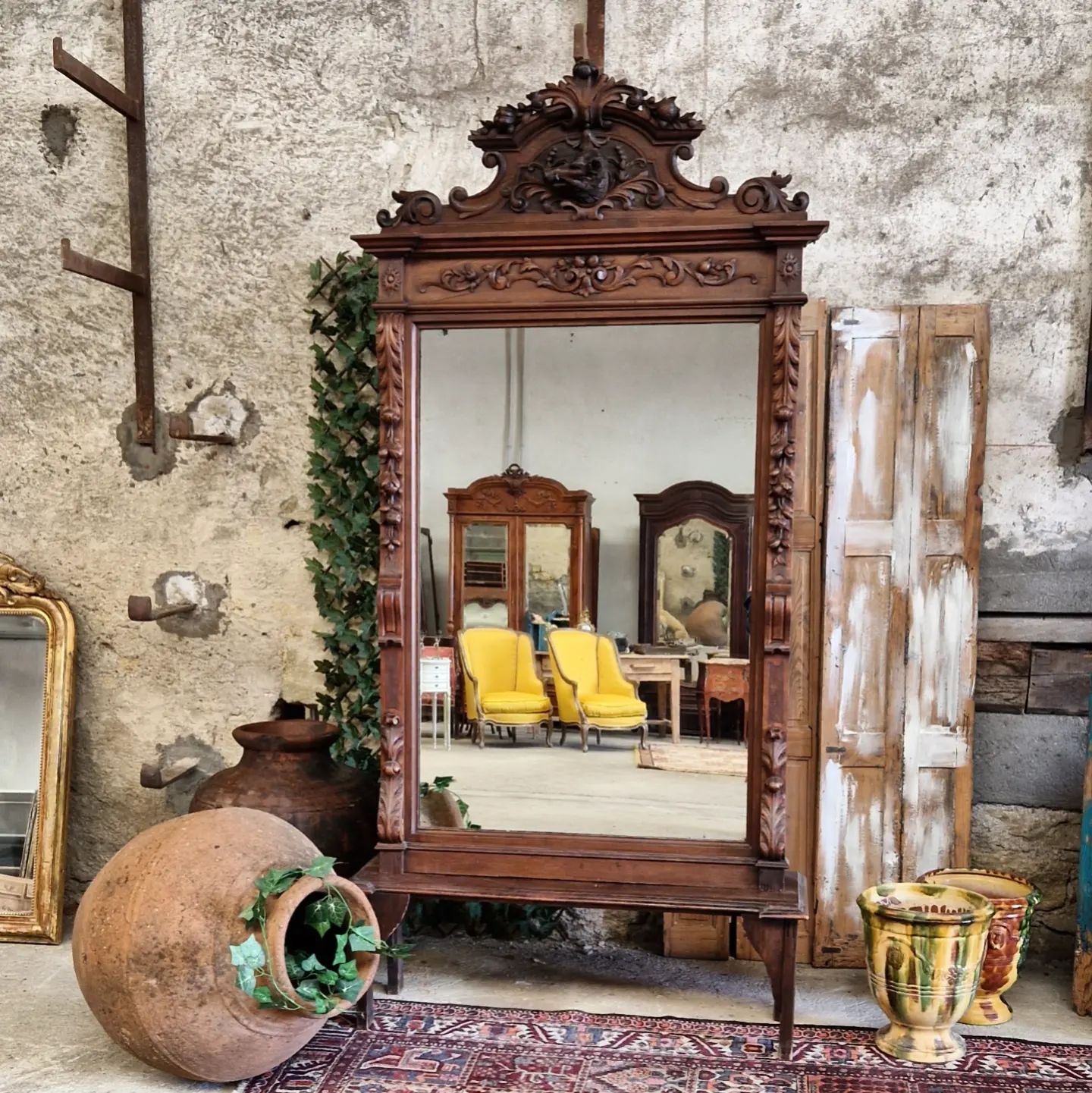 Antique Gothic Hunting Lodge Large Carved Walnut Mirror | Rocaille