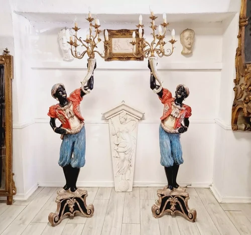 Pair of Moor Floor Lamps Polychromed Wood Italian | Rocaille