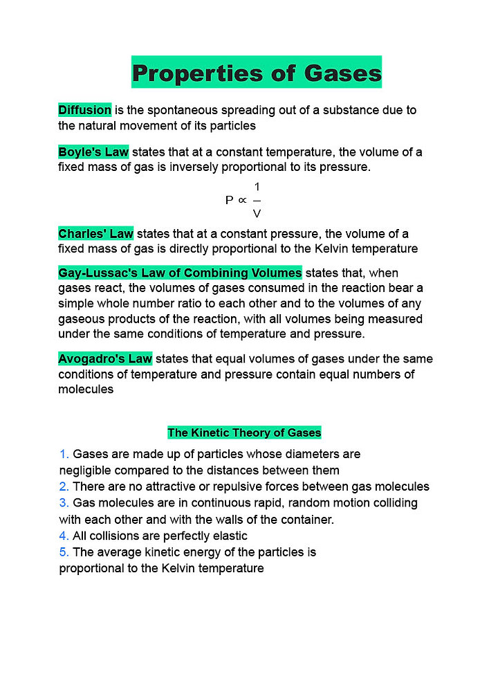 Leaving Certificate Chemistry Notes: Properties Of Gas