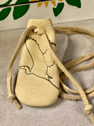 Hand Sewn Leather Pouch with Crane Design | faemoonwolfdesigns