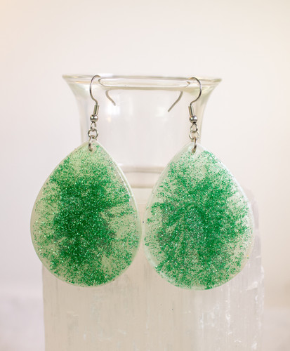 Handmade Green Glitter Resin Statement Earrings | faemoonwolfdesigns