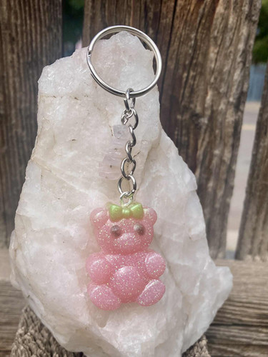 Pink Resin Bear Keychain with Rose Quartz Chips – Cute Glitter Resin ...