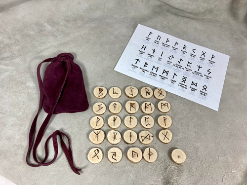Handmade Wood Rune Set with Deer Suede Pouch | faemoonwolfdesigns