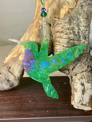 Handmade Holographic Resin Hummingbird Suncatcher | faemoonwolfdesigns