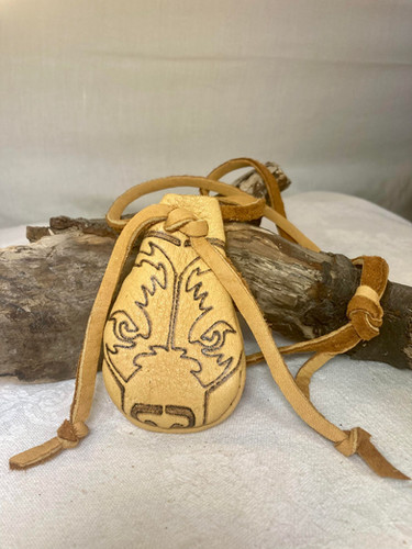 Hand sewn leather neck pouch with Bear face design | faemoonwolfdesigns