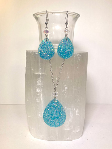 Handmade Blue Glitter Resin Pendant Necklace & Earrings Set ...
