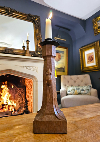 Robert 'Mouseman' Thompson Hand Carved Oak Candlestick | Yorkshire Mouse