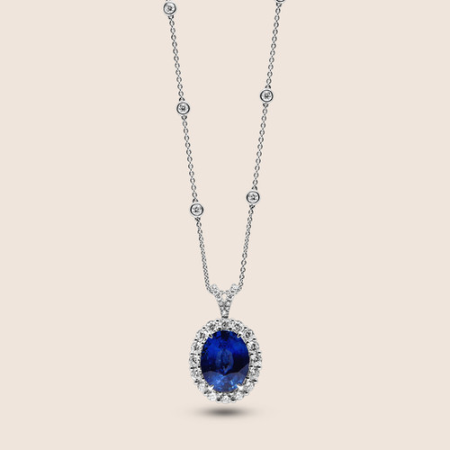 18 Karat White Gold & Oval Ceylon Blue Sapphire & Diamond Necklace ...
