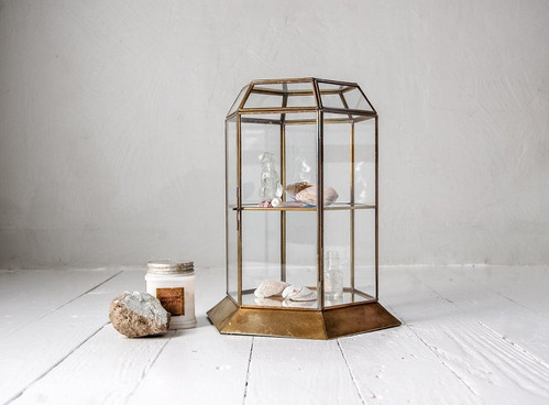 Hexagon Clear Glass Collectible Display Box with Golden Brass Edge ...