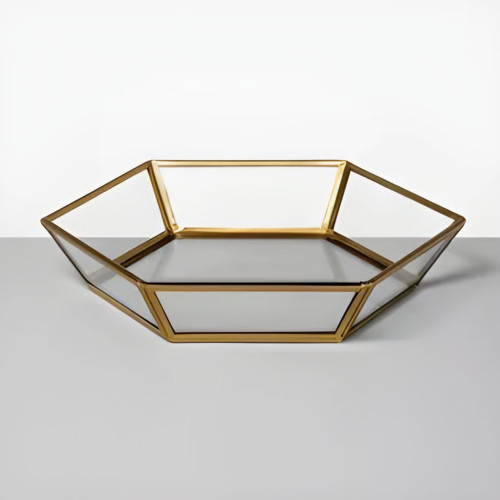Hexagonal Golden Edge Clear Glass Tray | Decorrizz India