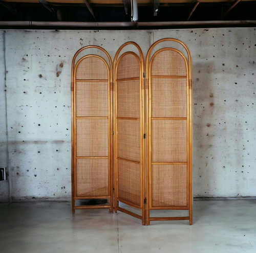 Double Arch Natural Cane and Jute Webbing 3 Panel Room Divider ...