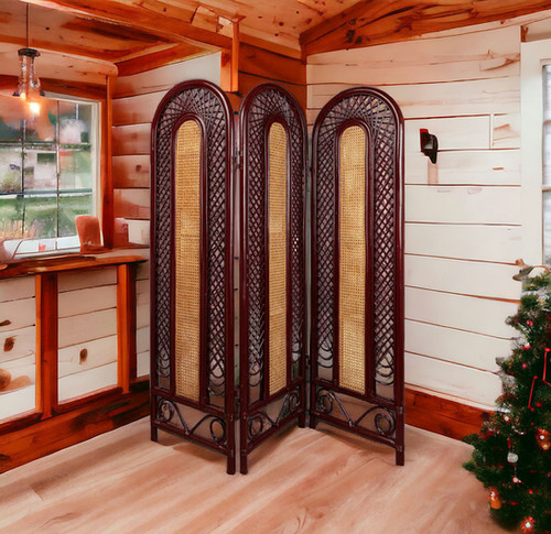 Elegant 3 panel room divider in coffee brown cane and rattan webbing ...