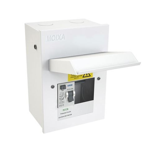 4 way Axiom metal garage consumer unit fitted with MCB | Cosmo Electrical