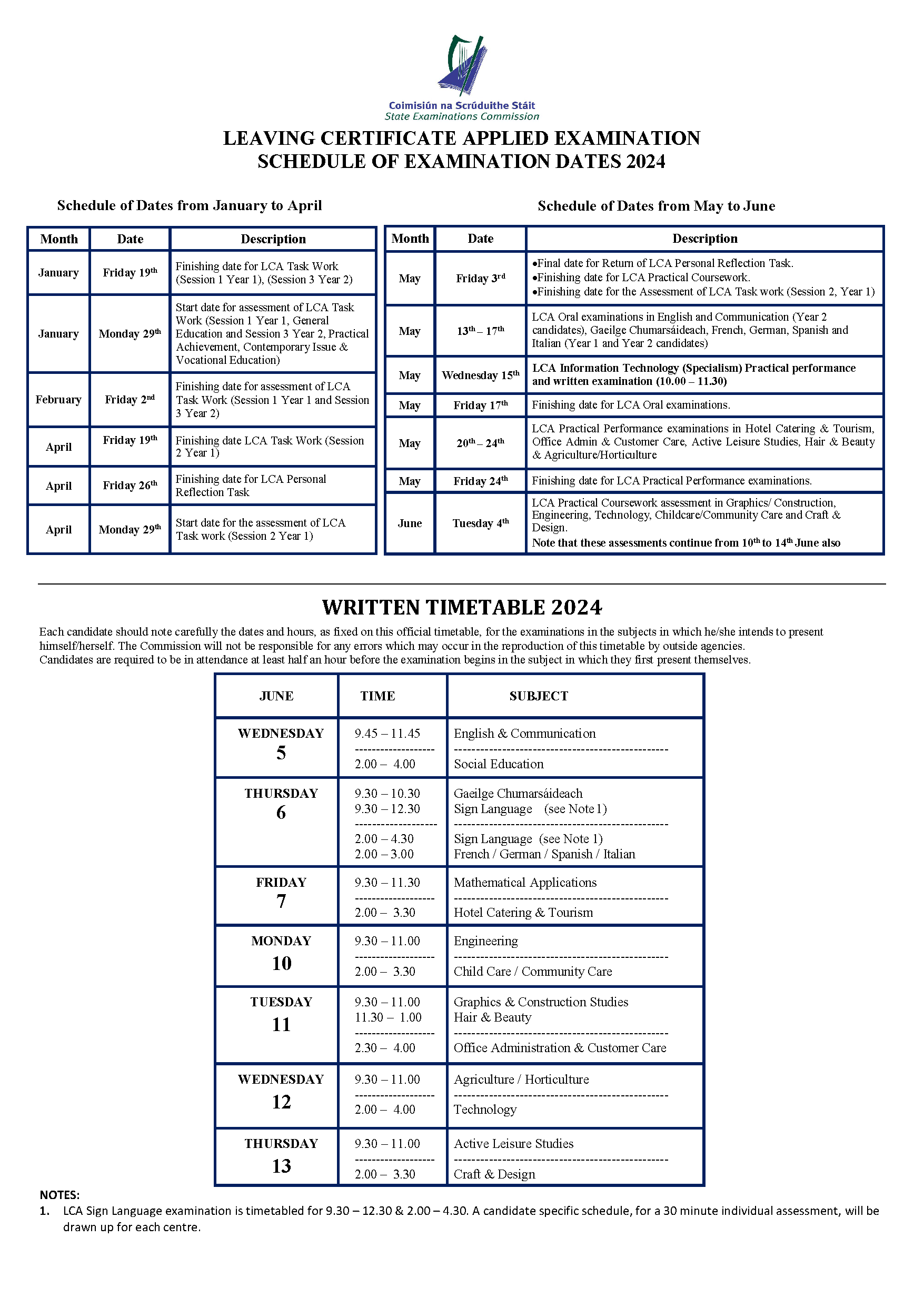 LCA | Exam Timetable 2024