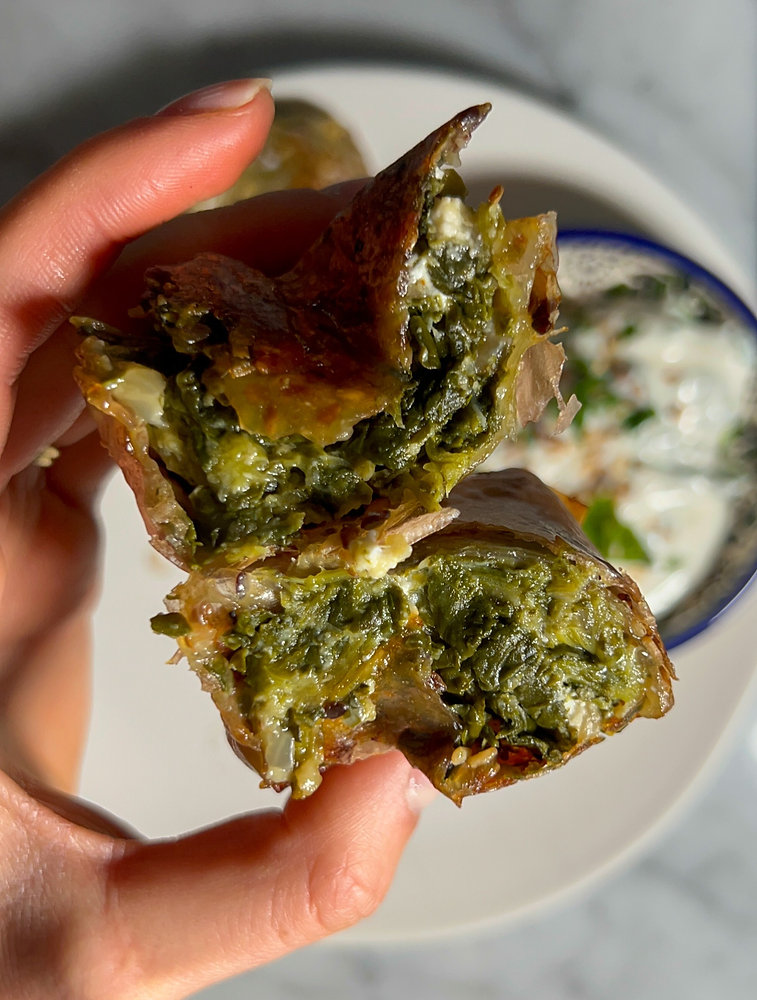Crispy Spinach & Feta Spring Rolls with a Tangy Herbed Yogurt Dip