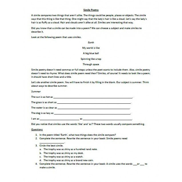 Comprehension: Simile Poetry | Shaati Education