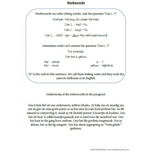 Afrikaans FAL Werkwoorde Worksheet | Shaati Education