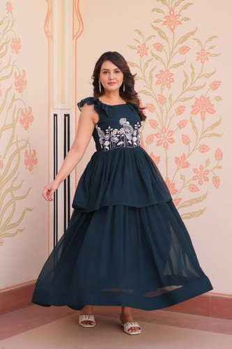 Awesome Rama Colour Blooming With Embroidery Work Gown | The Fanso