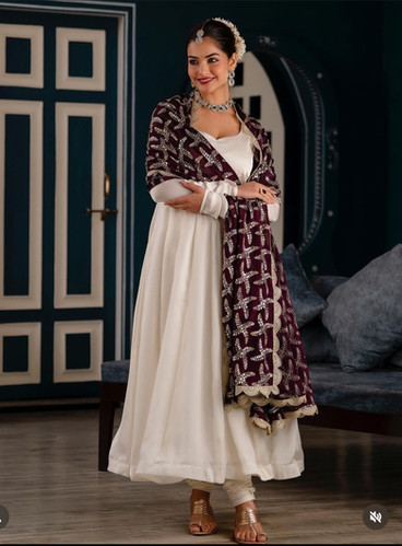 Designer White Colour Satine Silk Fabric Anarkali Gwon with Dupatta ...