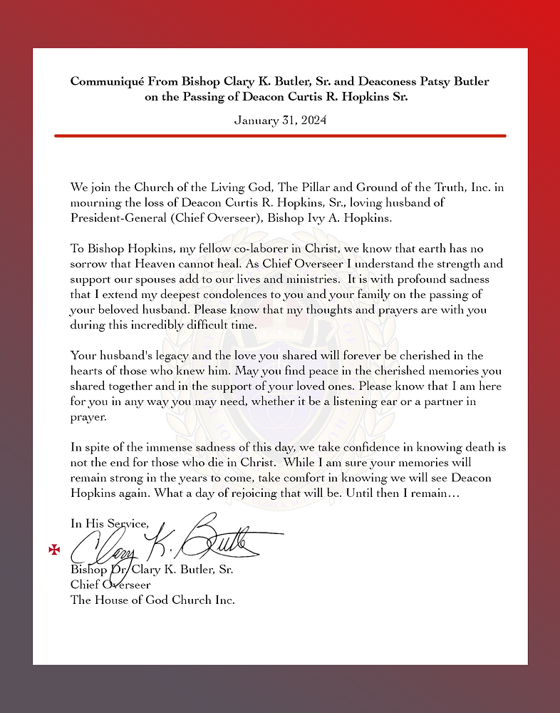 Chief Overseer offers condolences to President-General, Bishop Ivy ...