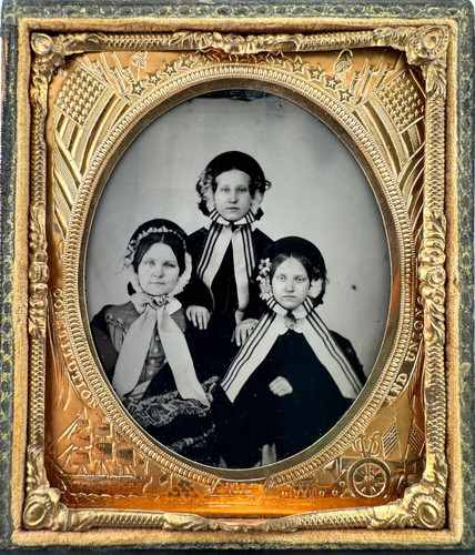1/6th Plate Ruby Ambrotype of Three Girls with a Patriotic Mat in a 1/2 ...