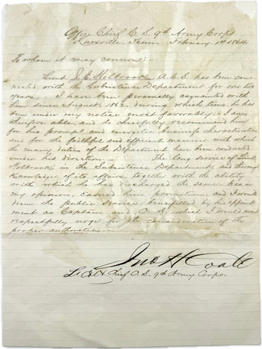 Document from Lieutenant Col. J E Holbrook. Died at Fort Custer in 1883 ...