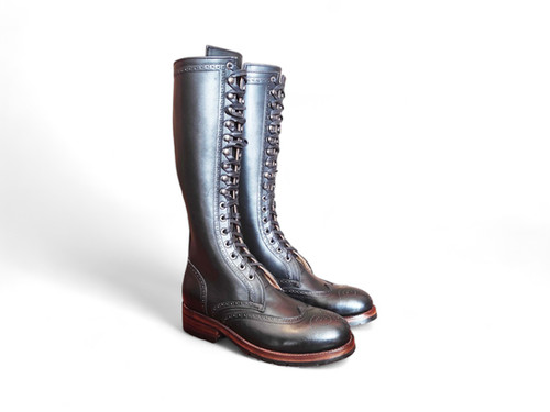 WINGTIP Hand BROGUE Black leather Goodyear Welt Tall Boots | vintos