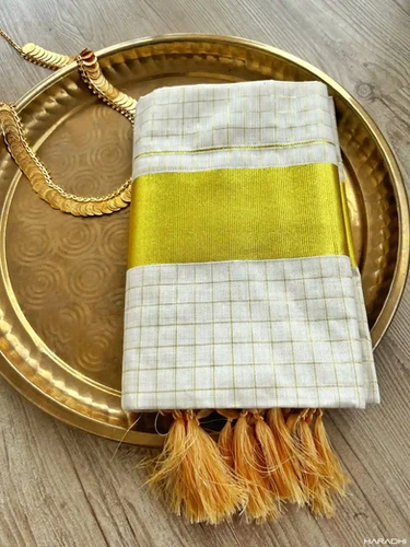 Shop Haradhi's Gold Block Kasavu Cotton Tussel Setmundu with COD and ...