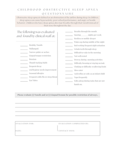 Childhood Obstructive Sleep Apnea Questionnaire | The Lazy Hygienist