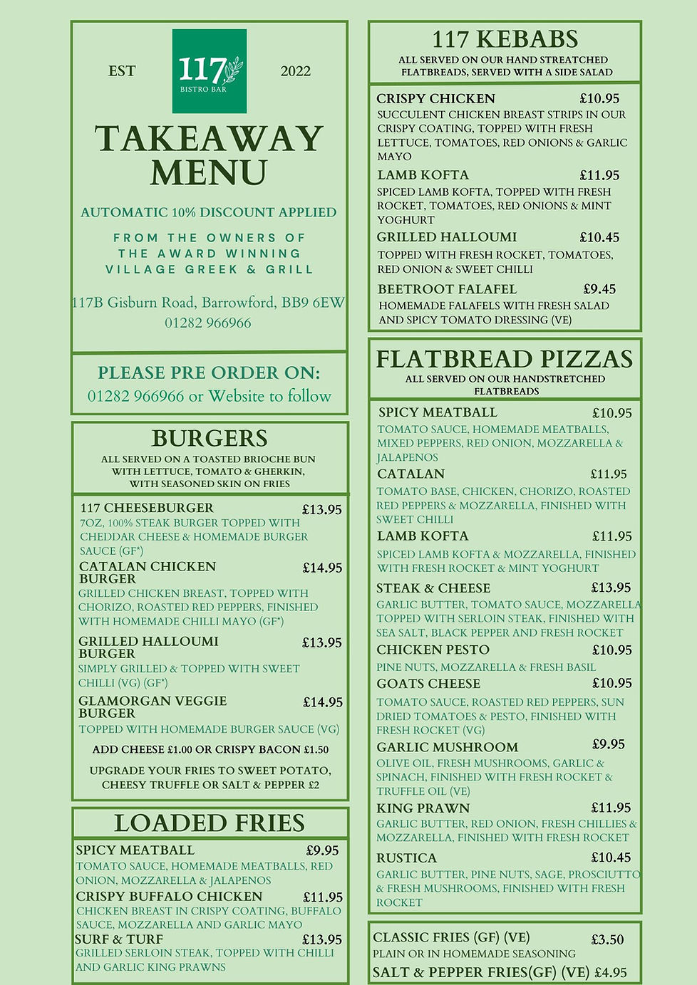Takeaway orders | 117 Bistro Bar