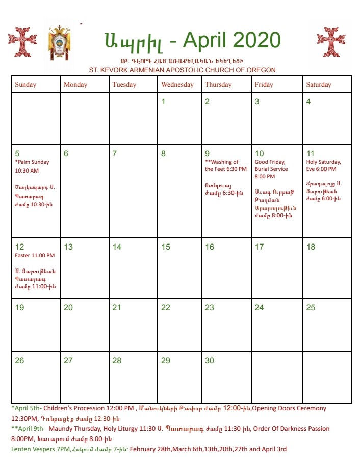 Calendar Holy Week