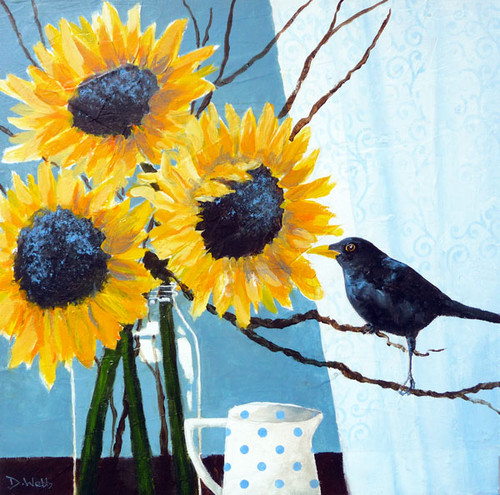 Prints -Blackbird & sunflowers | Denny Webb