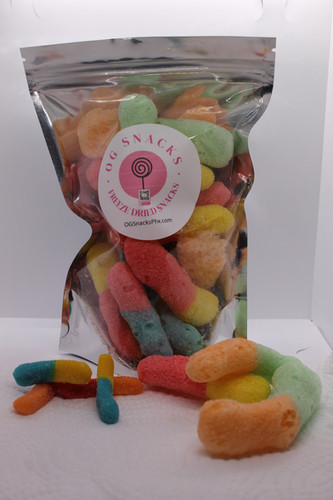 Sour Puff Worms made from Trolli Sour Gummy Worms | OG Snacks LLC